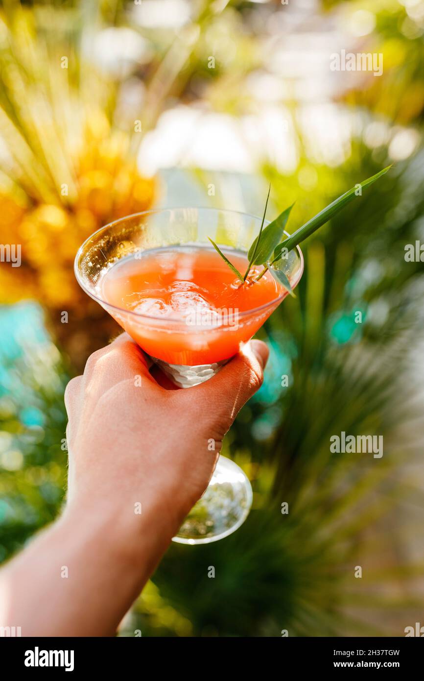 Aperol Spritz glass cocktail in a tropical setting Stock Photo - Alamy