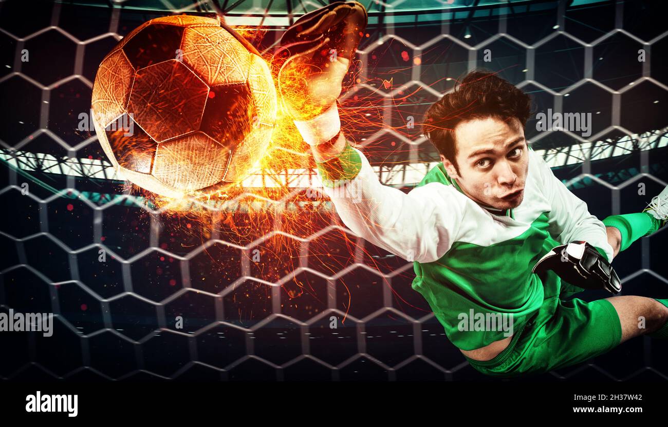 Close up of a soccer scene at night match with a goalkeeper trying to ...
