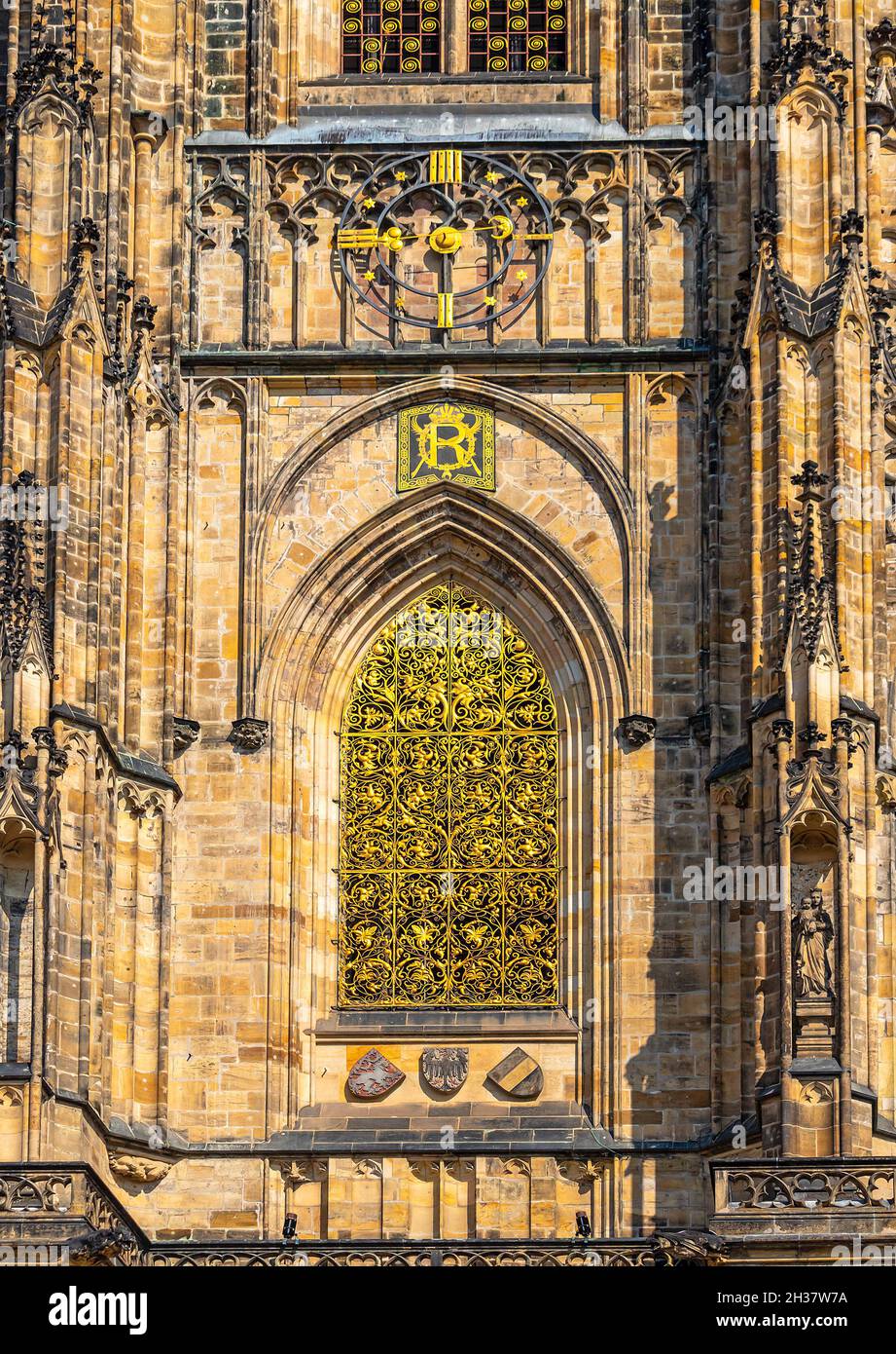 Ornate gothic window, detail of the gothic architecture of St. Vitus ...