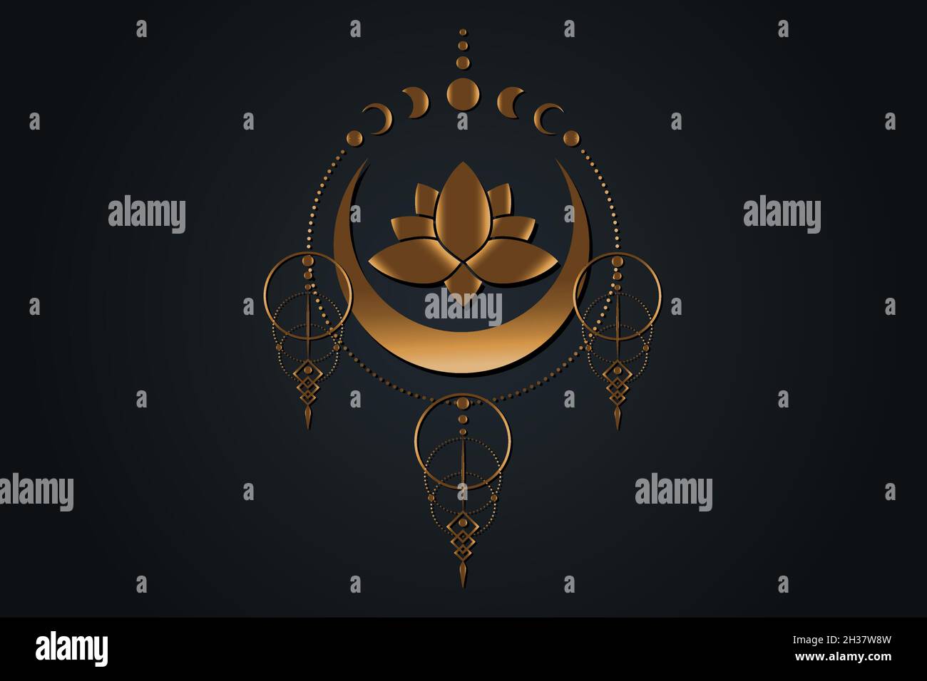 Gold Lotus flower and Moon, Sacred geometry, half moon pagan Wiccan ...