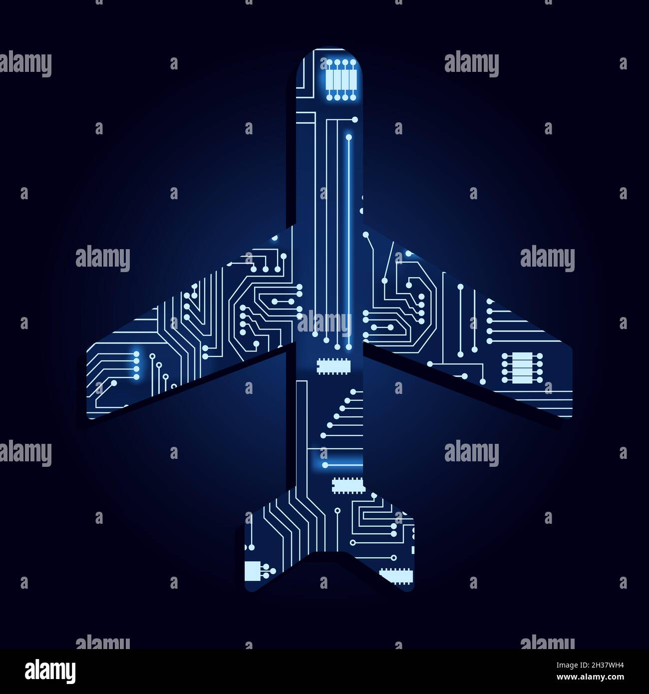 Plane symbol with a technological electronics circuit. Blue Background ...