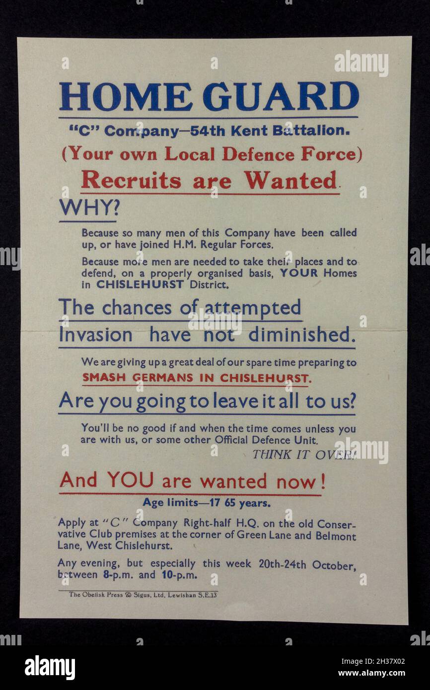 Recruitment poster (replica) asking locals to join the Home Guard in ...