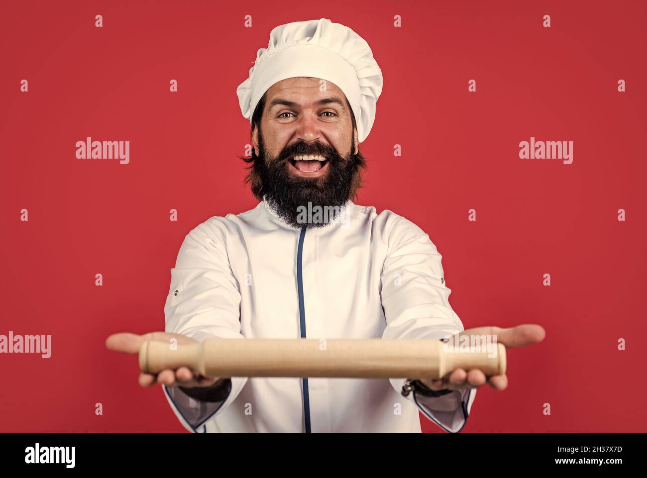 time for eating. happy baking. concept of housekeeping. mature bearded ...