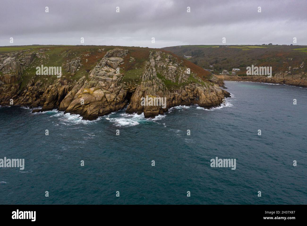 Aerial view of Logan Rock Porthcurno Cornwall Stock Photo - Alamy