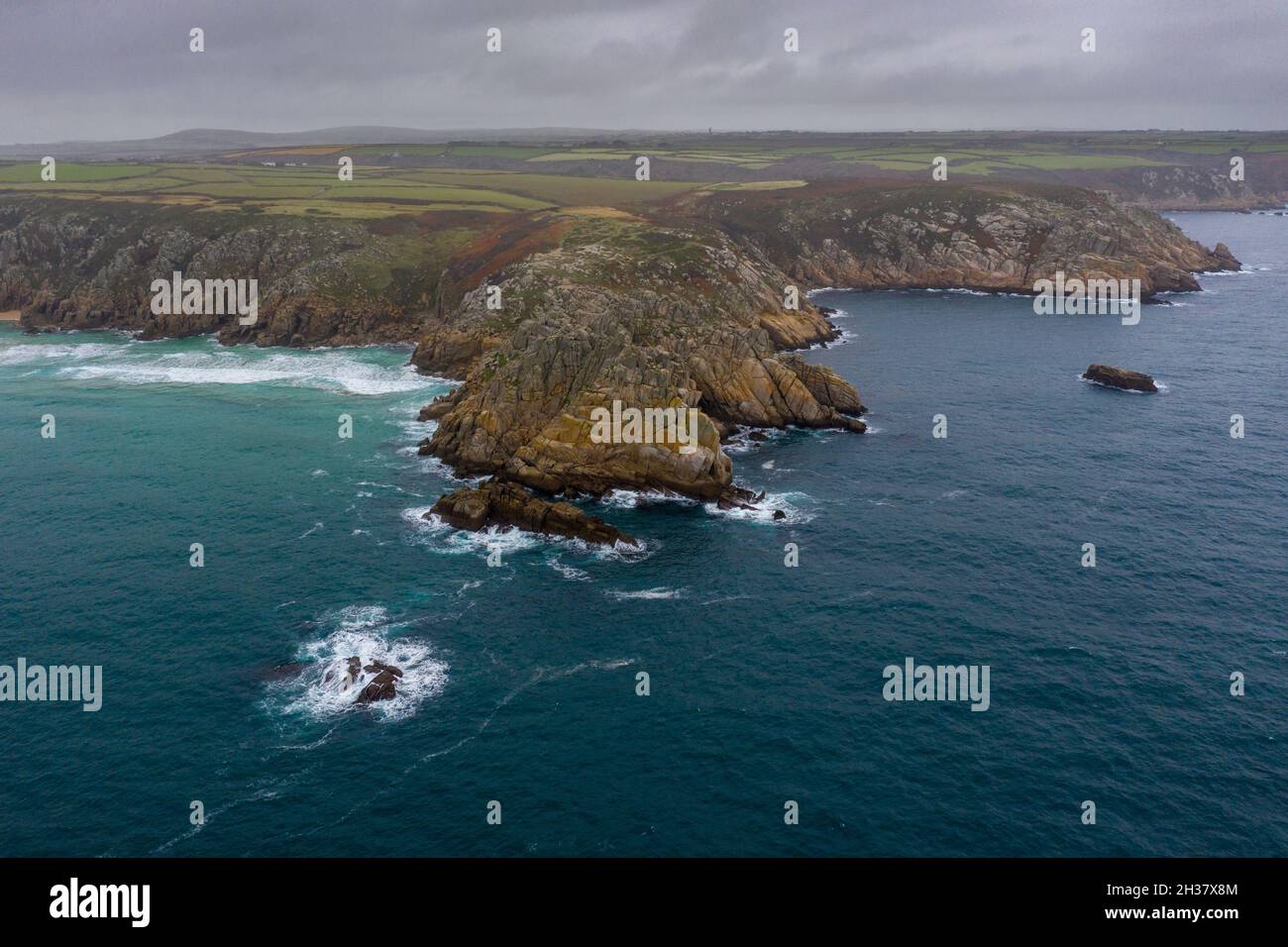 Aerial view of Logan Rock Porthcurno Cornwall Stock Photo - Alamy