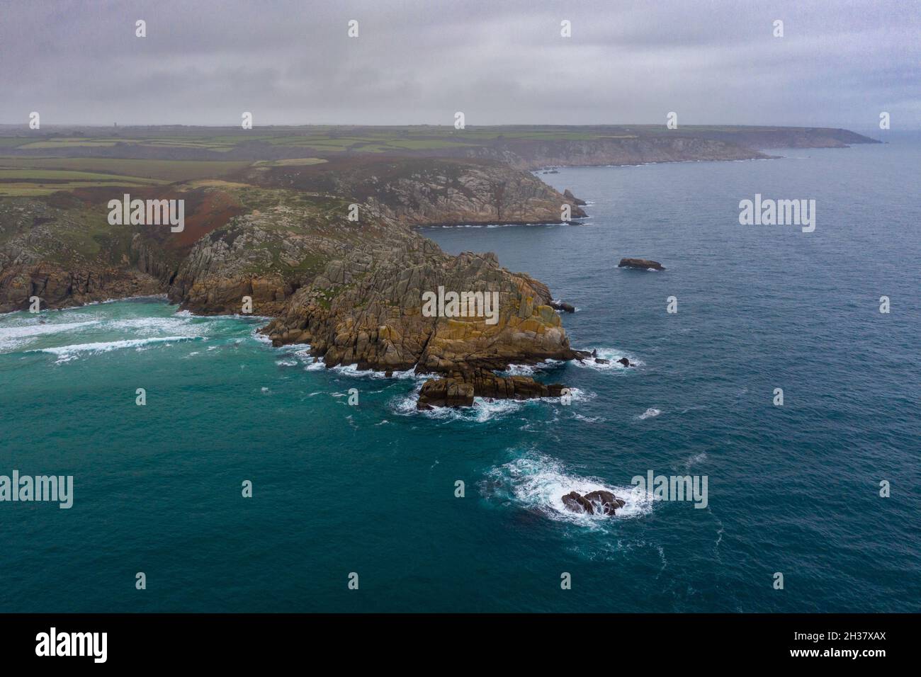 Aerial view of Logan Rock Porthcurno Cornwall Stock Photo - Alamy