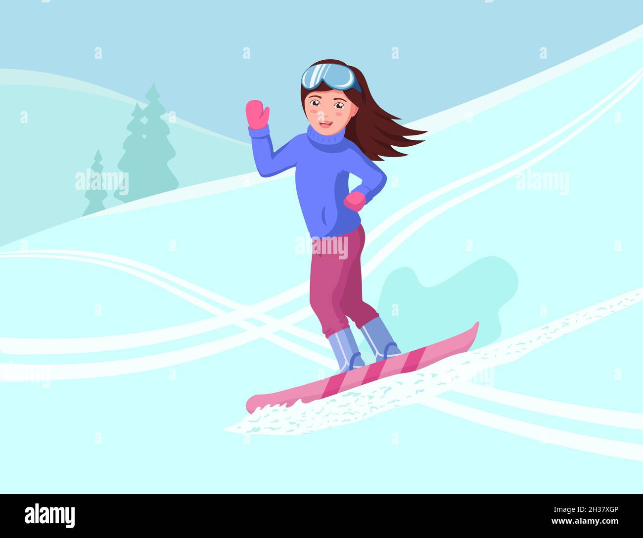 Girl snowboarder rolls down the mountain on a snowboard. Vector ...