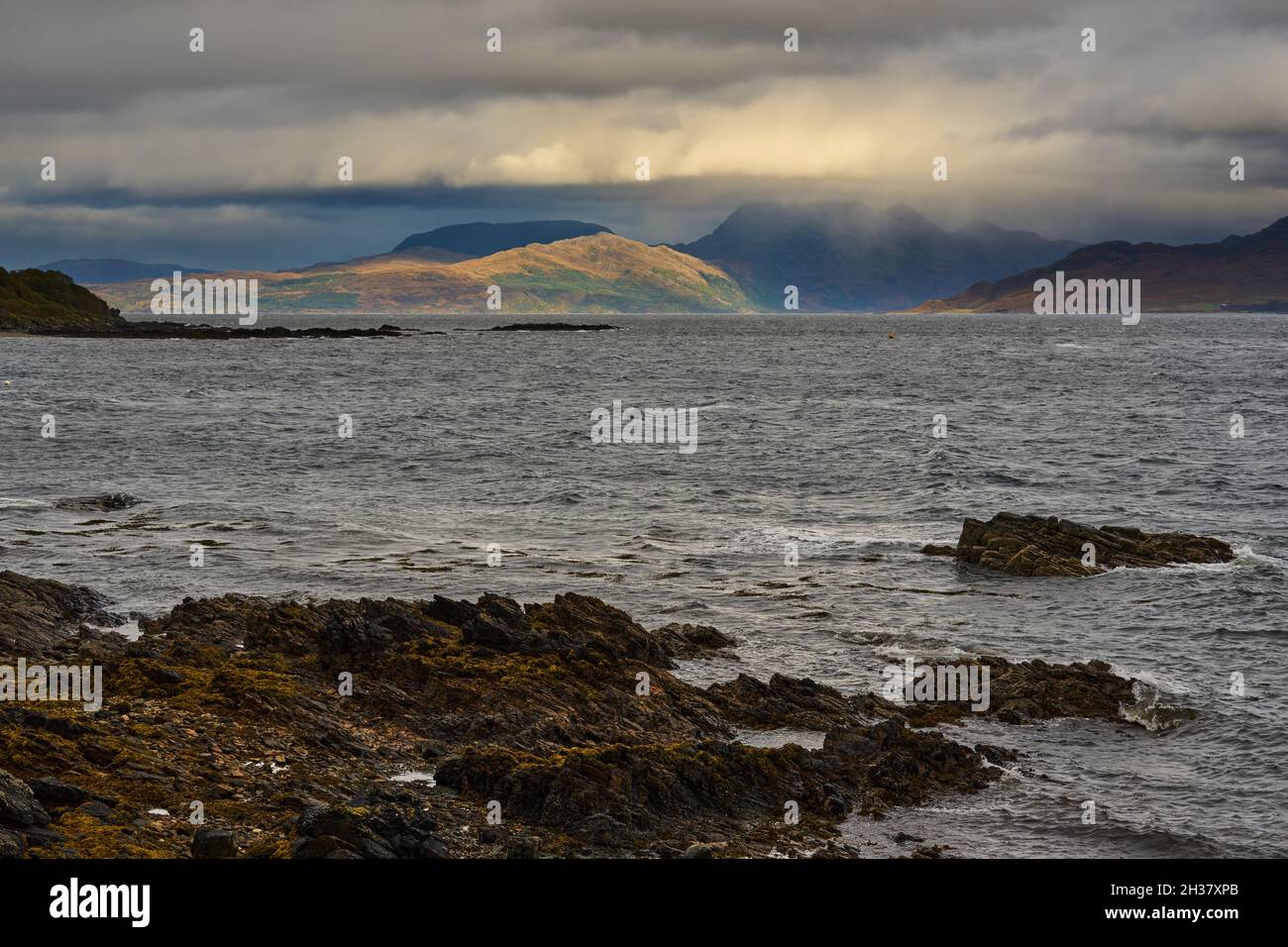 A stormy view over to the Scottish mainland from the Isle of Skye Stock ...