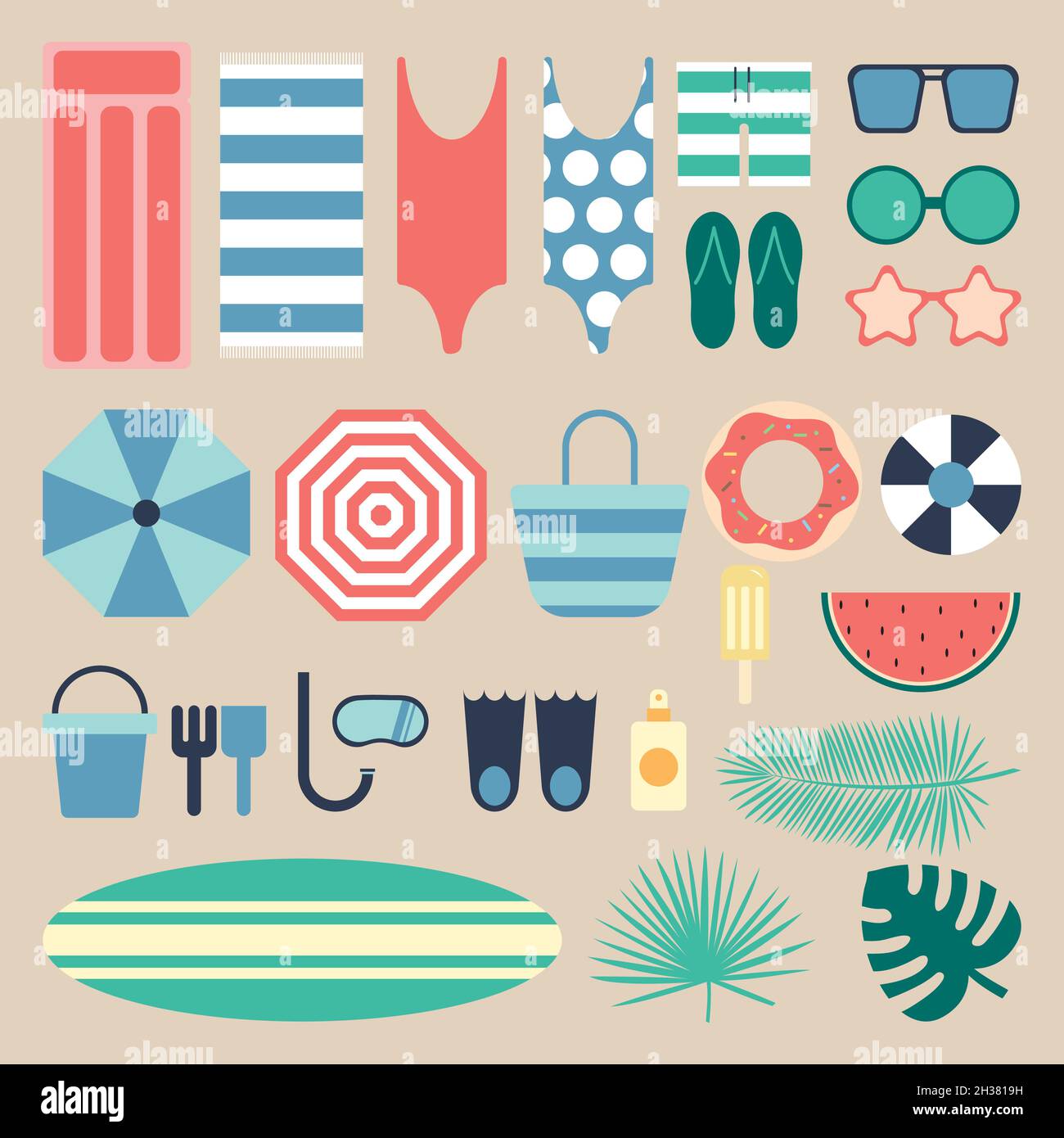 Vector set designed on summer beach or pool items, such as swimsuits ...