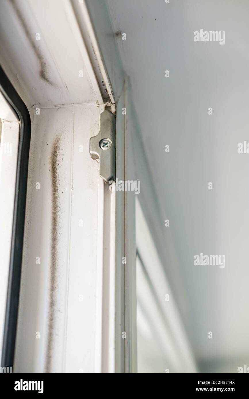 Dirt on the white PVC window frame. The concept of cleanliness Stock ...