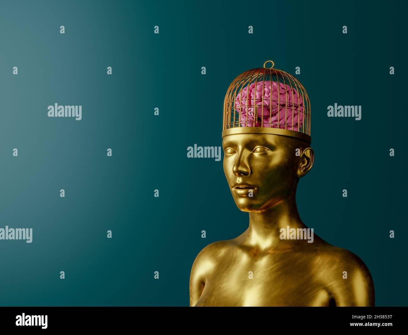 portrait of golden female statue with cage head and brain inside ...