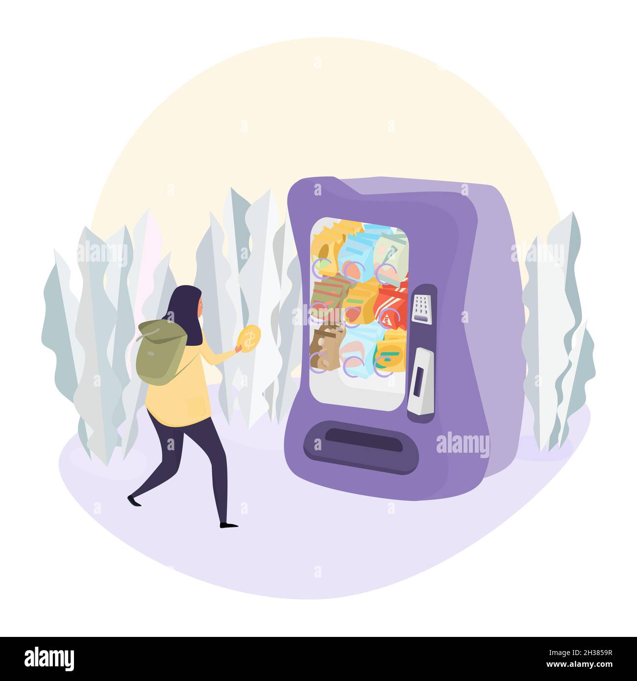 the girl wants to buy something in the Snack vending machine Stock ...