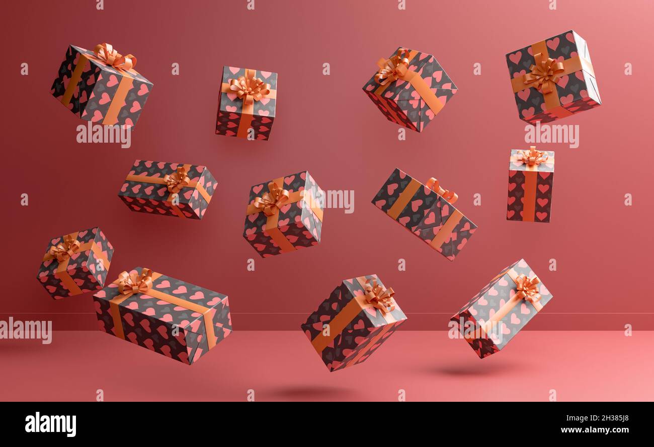 gift boxes of different sizes with patterns of hearts floating in the ...