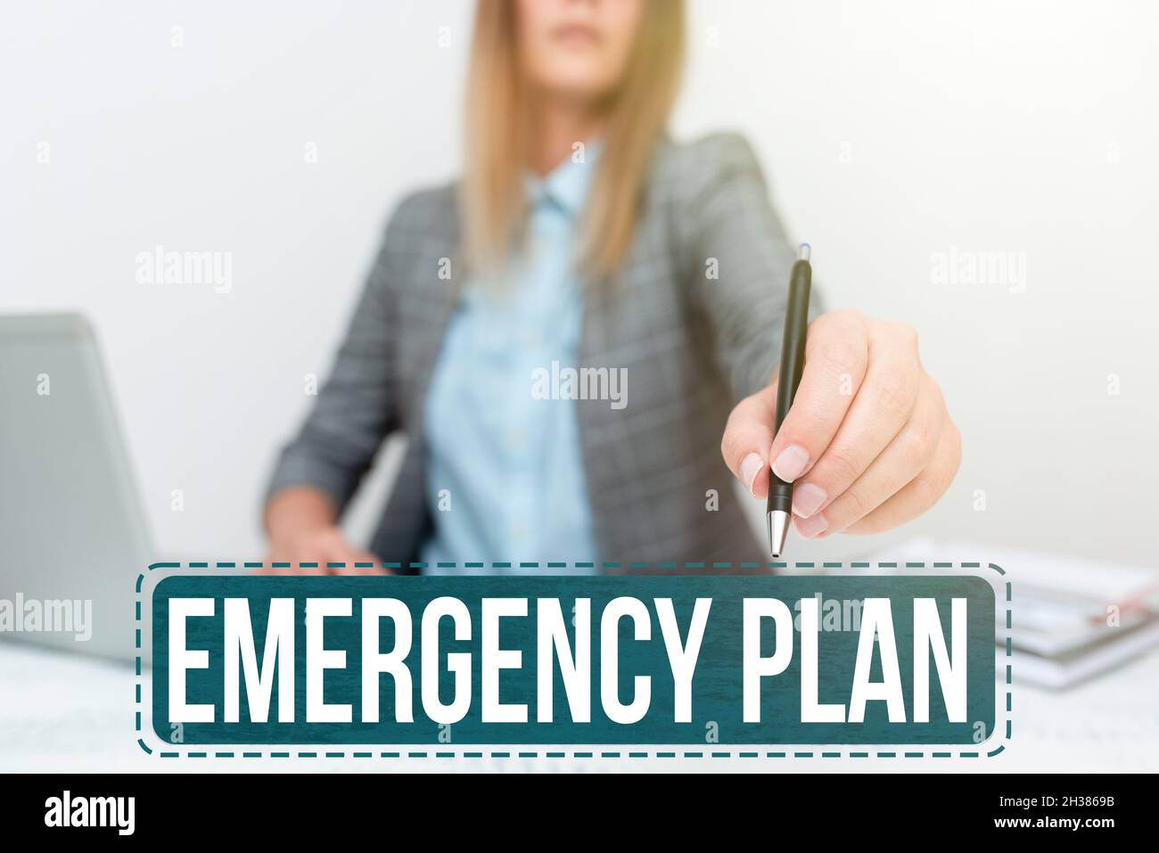 Text caption presenting Emergency Plan. Business concept procedures for ...