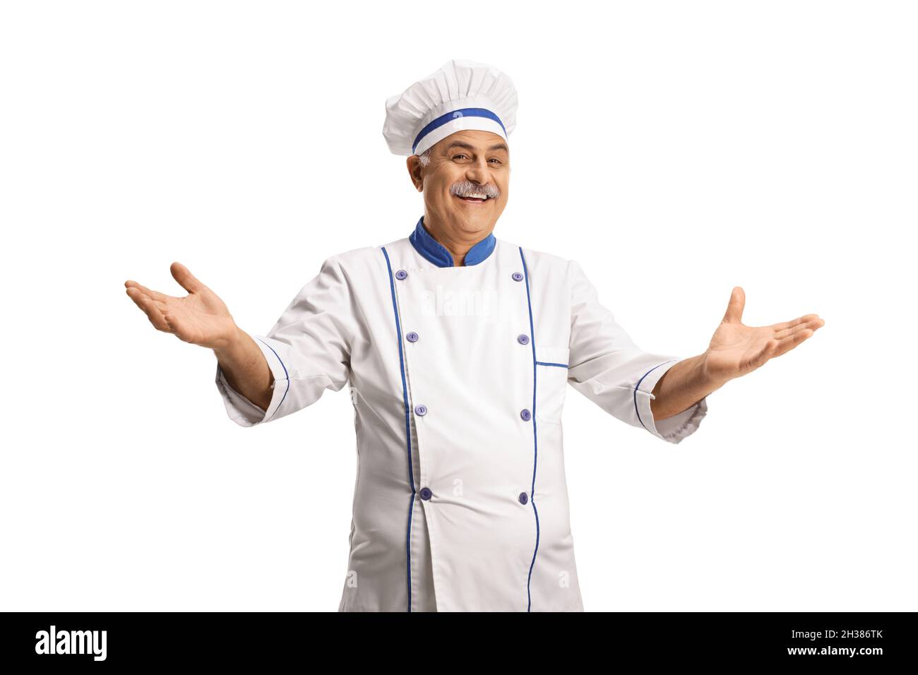 Cheerful mature cook smiling and gesturing with hands isolated on white ...