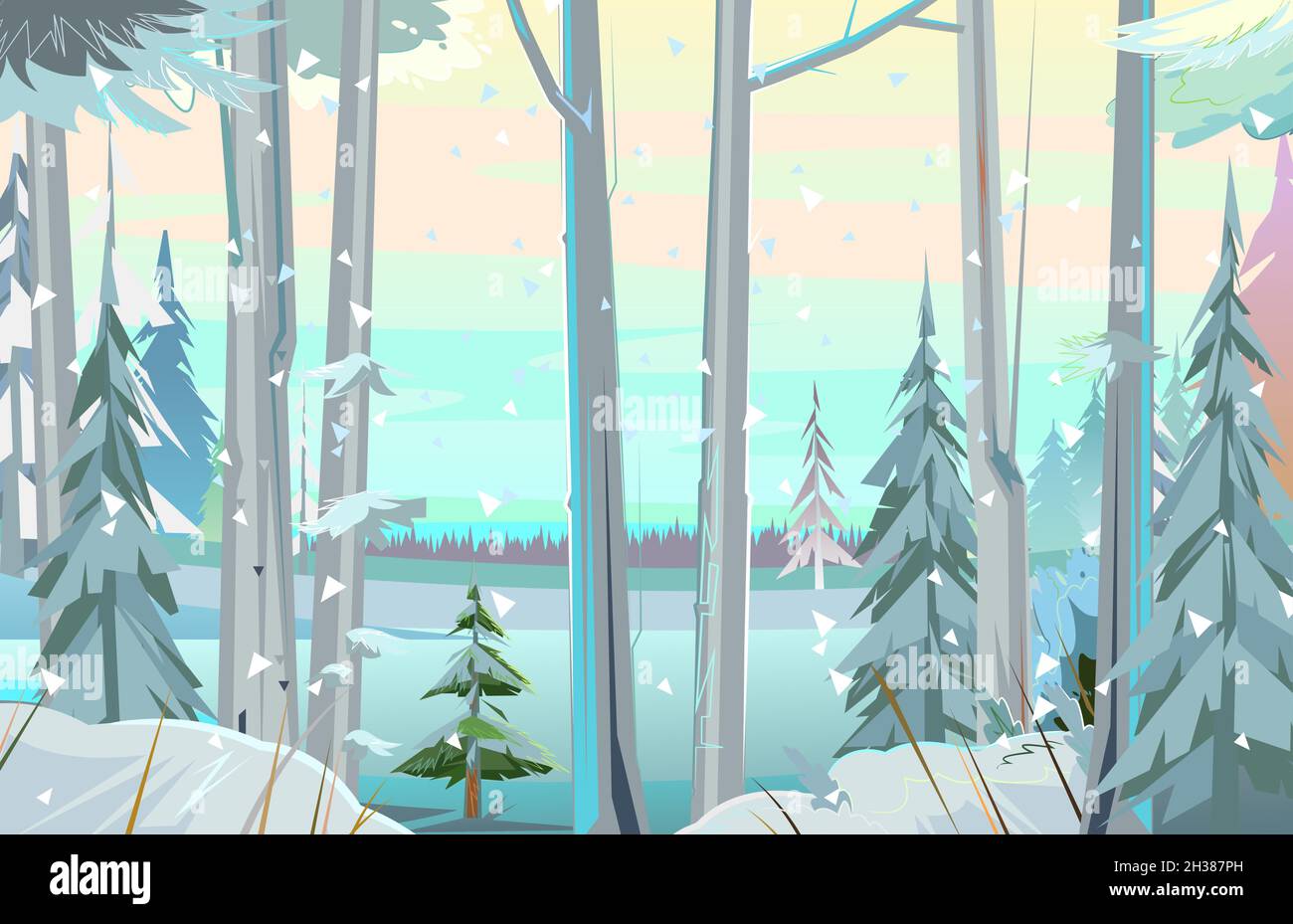 Frosty winter day. Snow landscape with trees. Pines and spruce ...