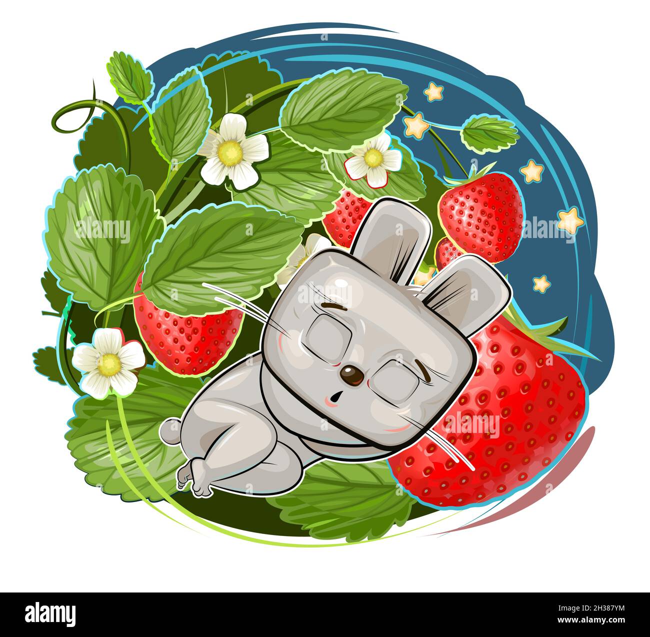 Baby Hare sleeps under a bush of strawberries. Children's illustration ...