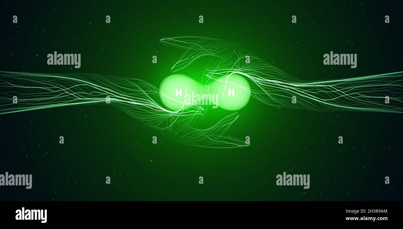 Concept of green hydrogen energy, Molecule of H2 in hands shine on a ...