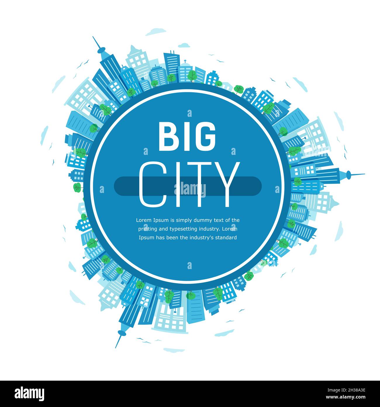 Big City. Round Panorama of city buildings. Blue circle Banner an empty ...