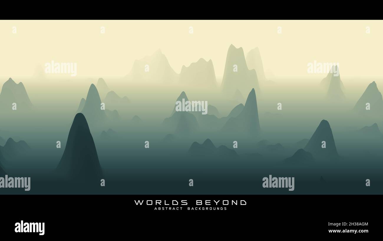 Abstract green landscape with misty fog till horizon over mountain ...