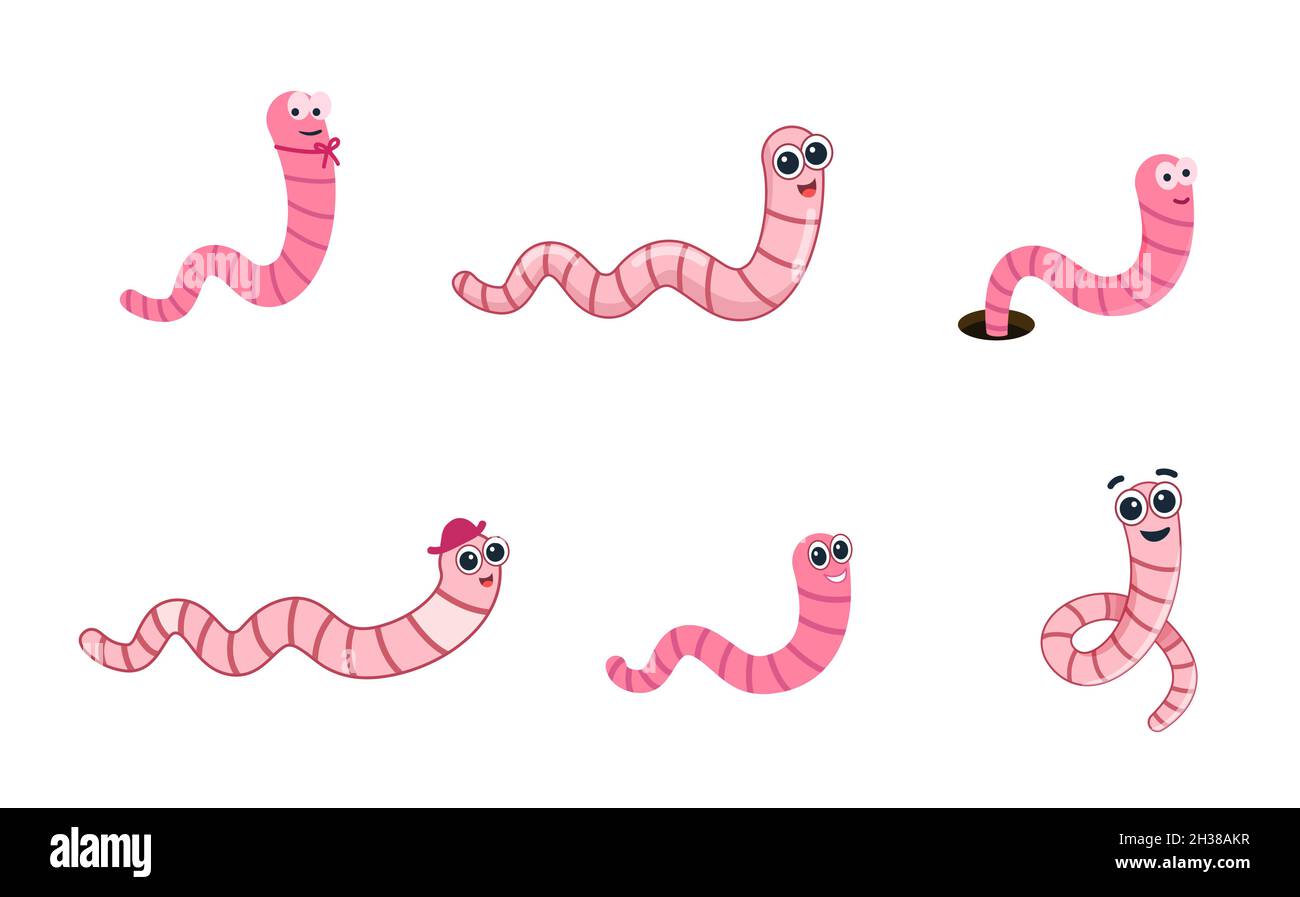 Set Pink worm cartoon character. Earthworms in hat or bow tie Stock ...