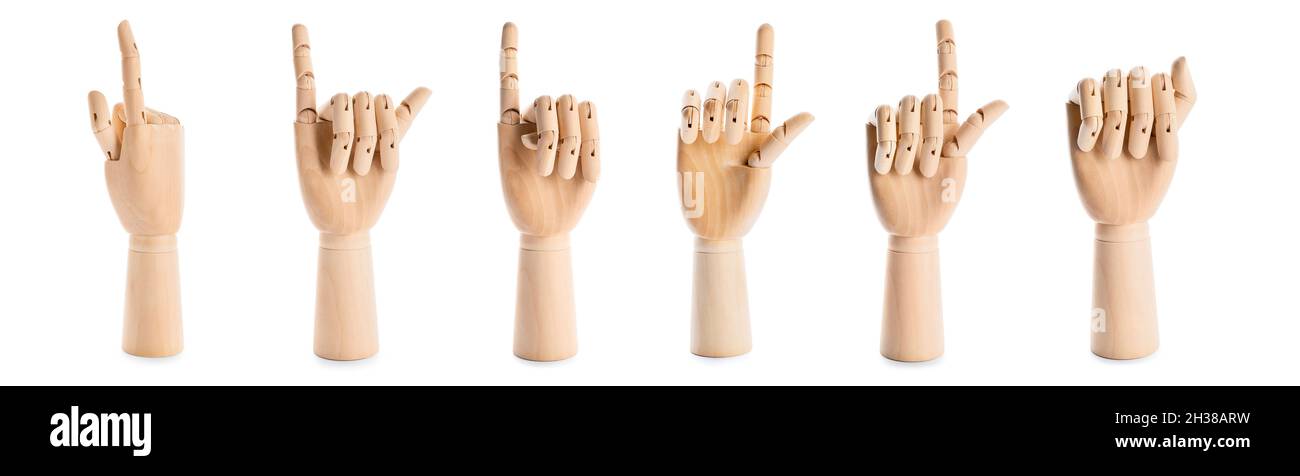 Set of wooden hand on white background Stock Photo - Alamy
