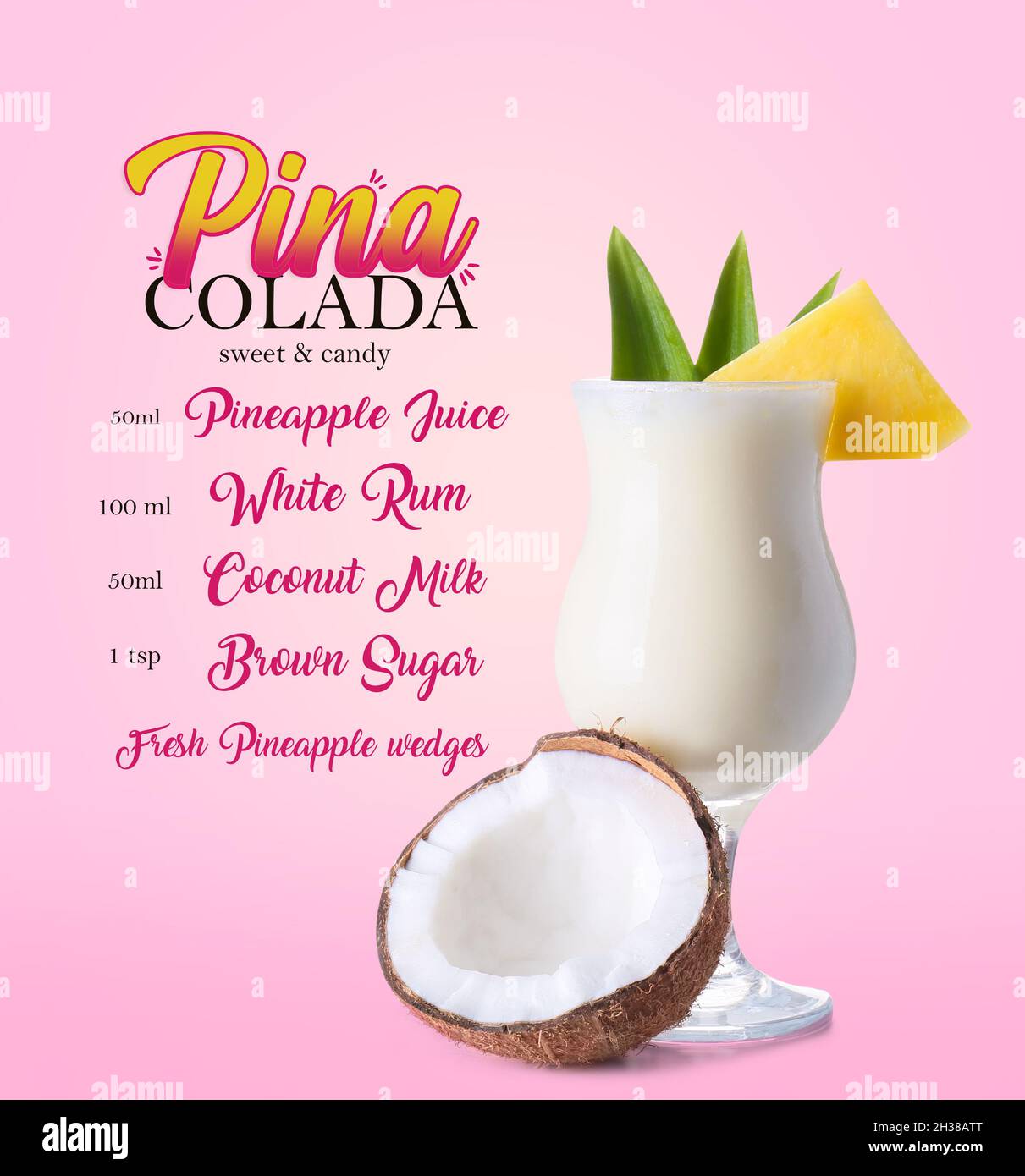 Glass of tasty Pina Colada cocktail with recipe on pink background ...
