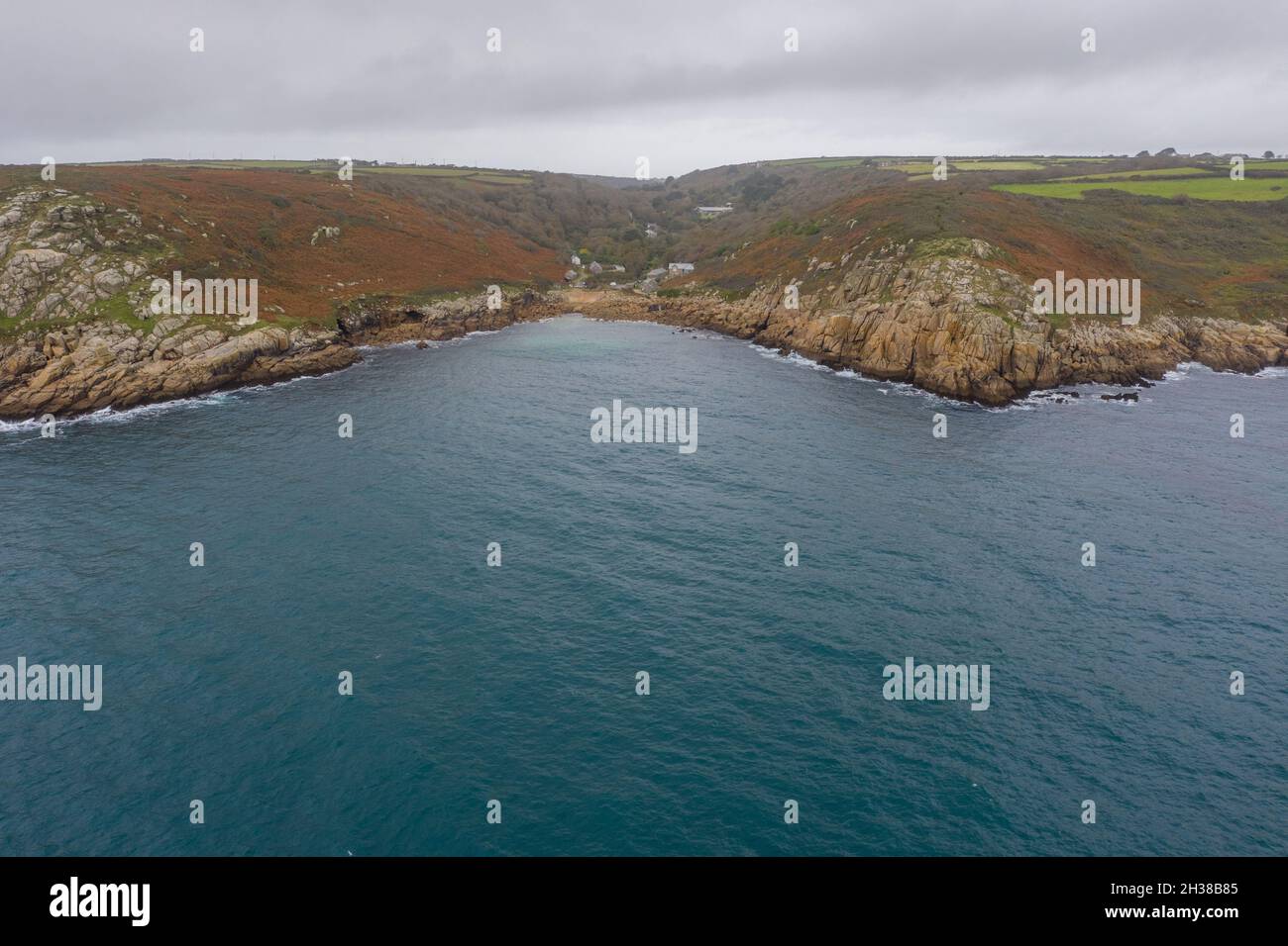 Aerial view of Penberth Cove in Cornwall, a quiet unspoilt traditional ...