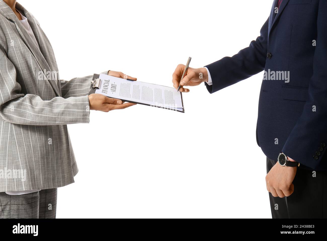 Boss signing document with his secretary on white background Stock ...