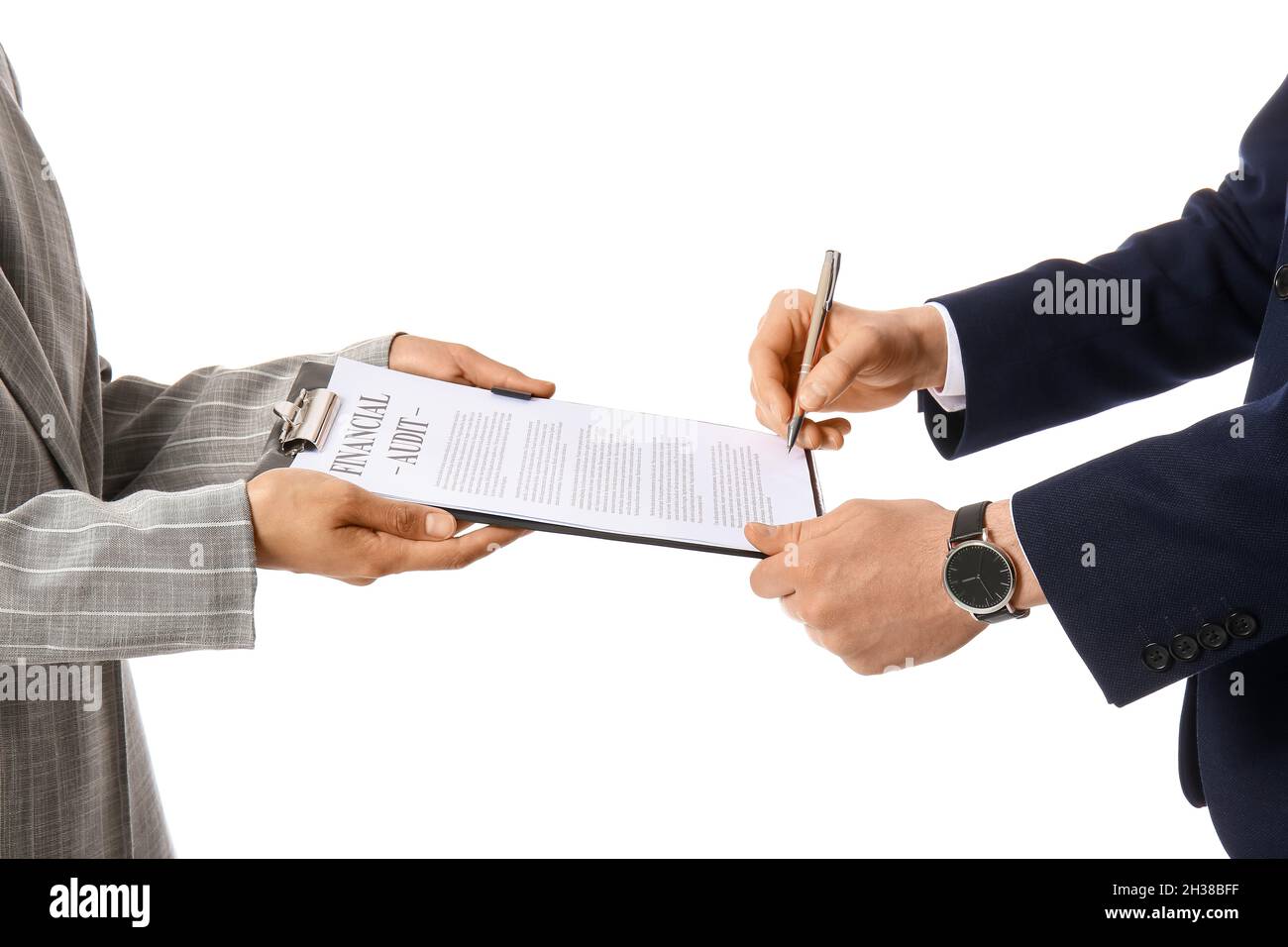 Boss signing document with his secretary on white background Stock ...
