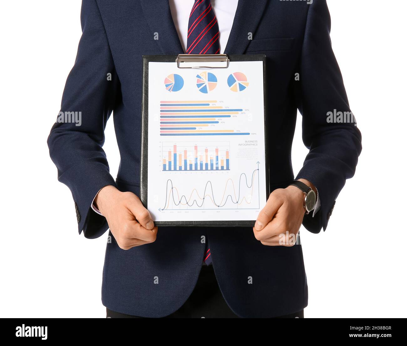 Businessman holding clipboard with charts on white background Stock ...