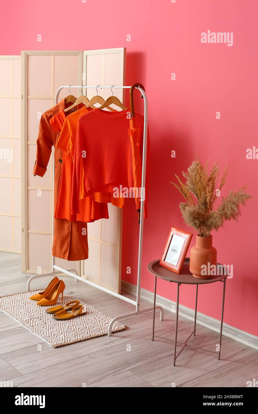 Interior of stylish hallway with bright red clothes and pink wall Stock ...
