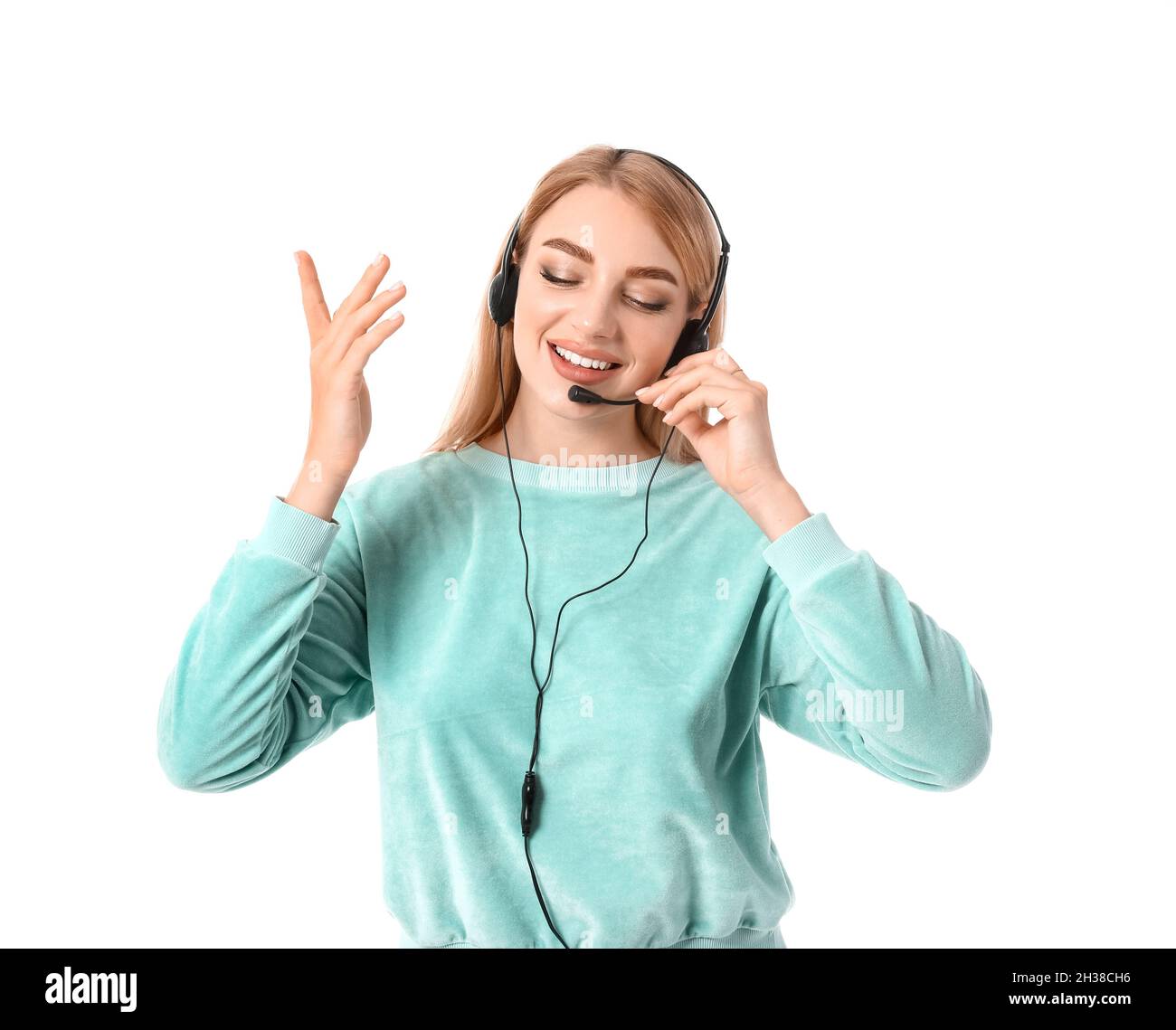 Female technical support agent isolated on white Stock Photo - Alamy