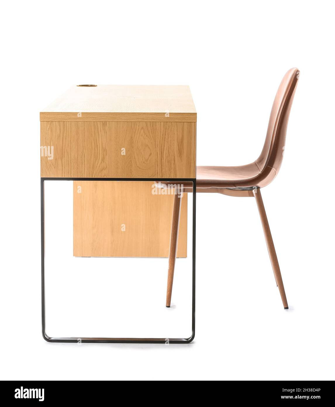 Modern wooden table and chair on white background Stock Photo - Alamy