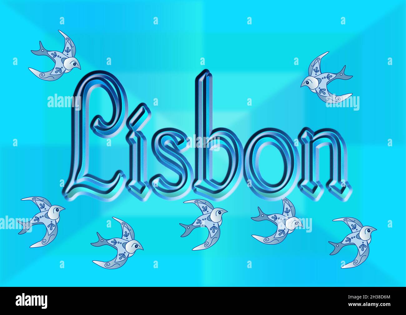 The word Lisbon against a blue background with swallows flying around ...