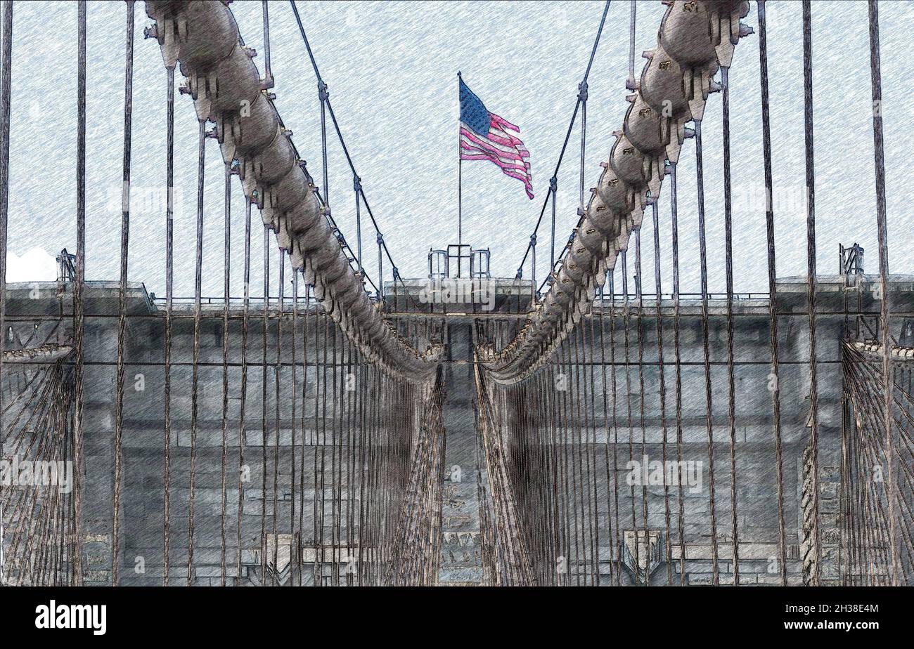 Brooklyn bridge american flag above bridge cables and stones. Brooklyn ...
