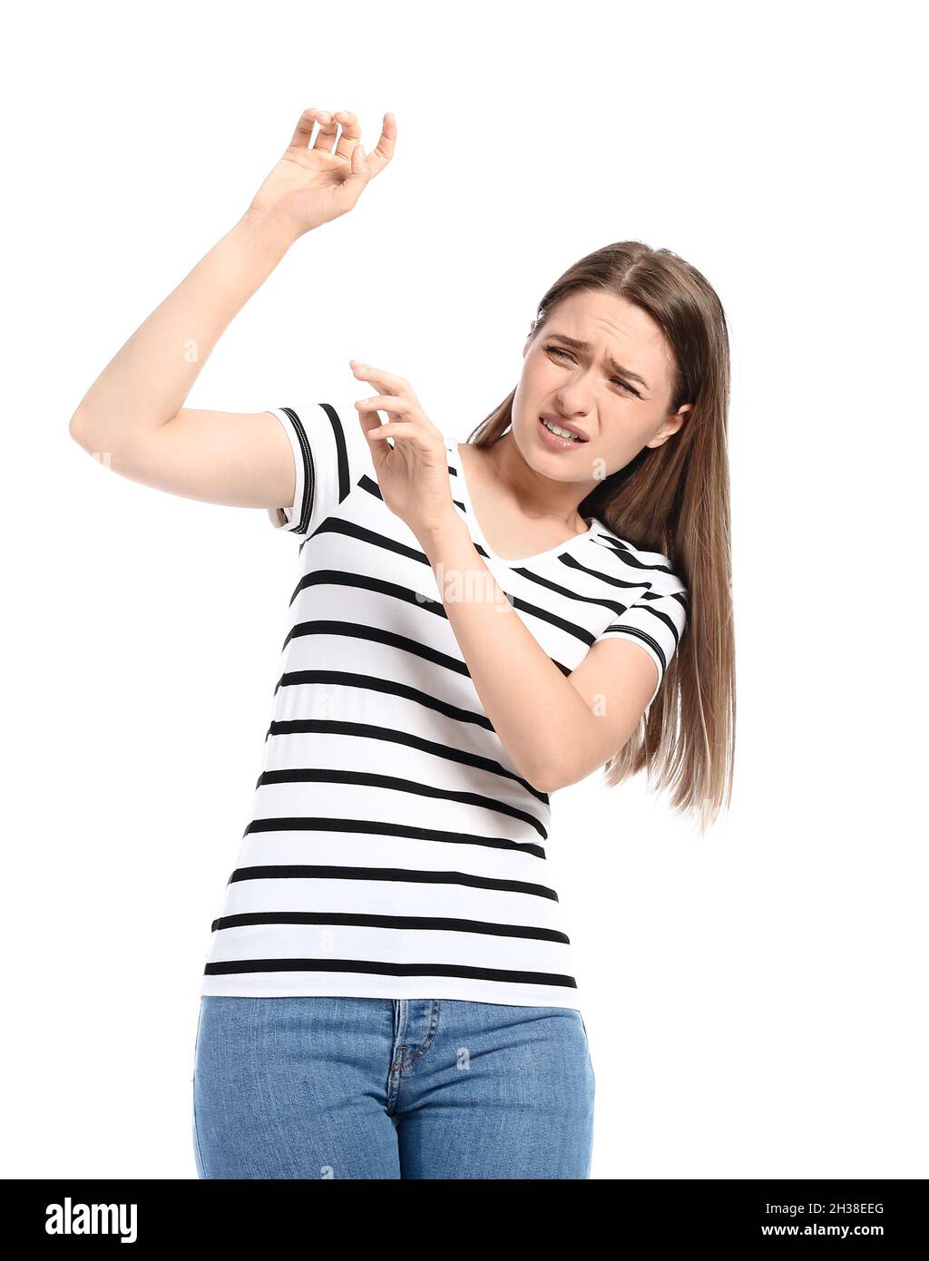 Young woman and mosquito on white background Stock Photo - Alamy