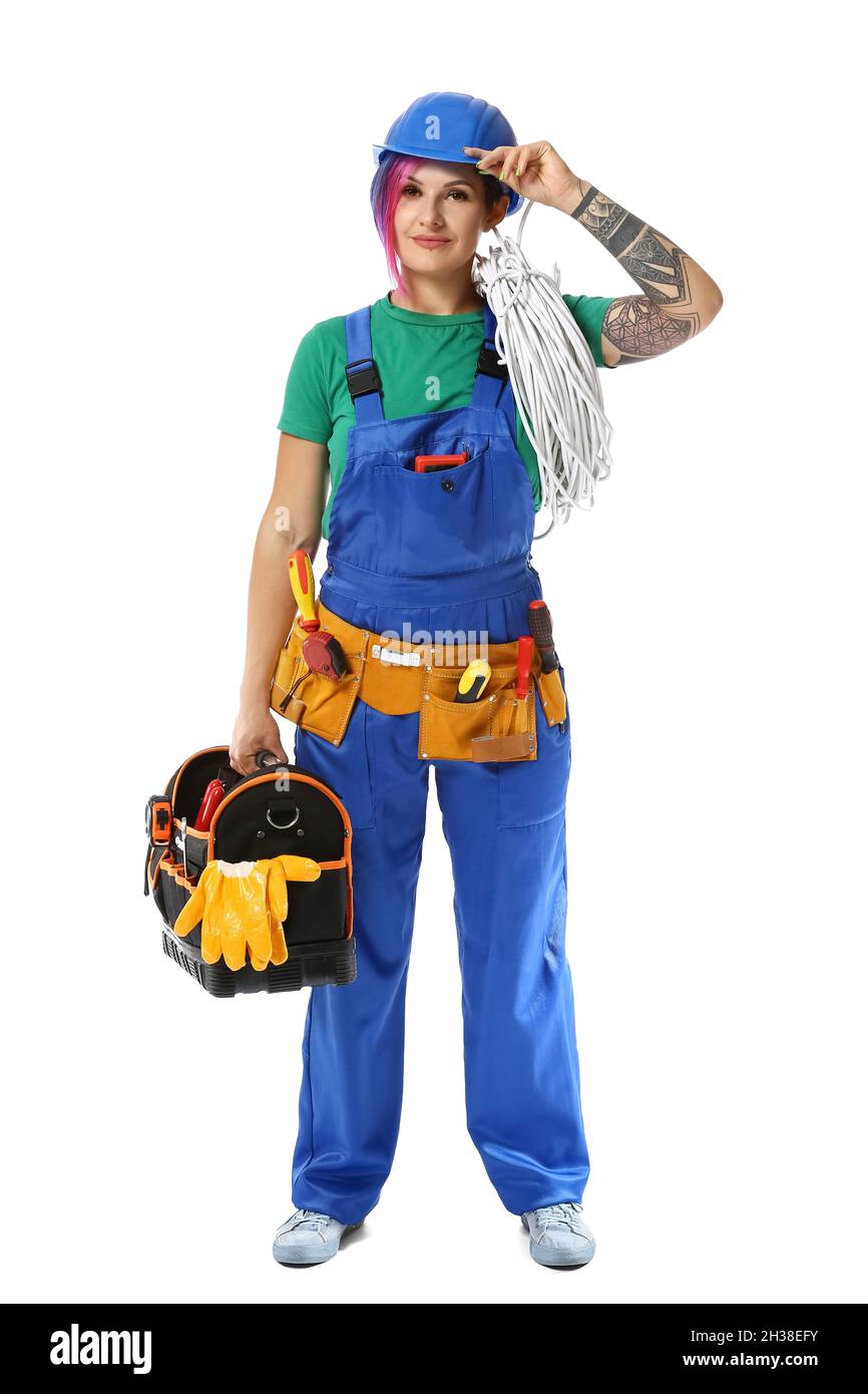 Female electrician with tools on white background Stock Photo - Alamy