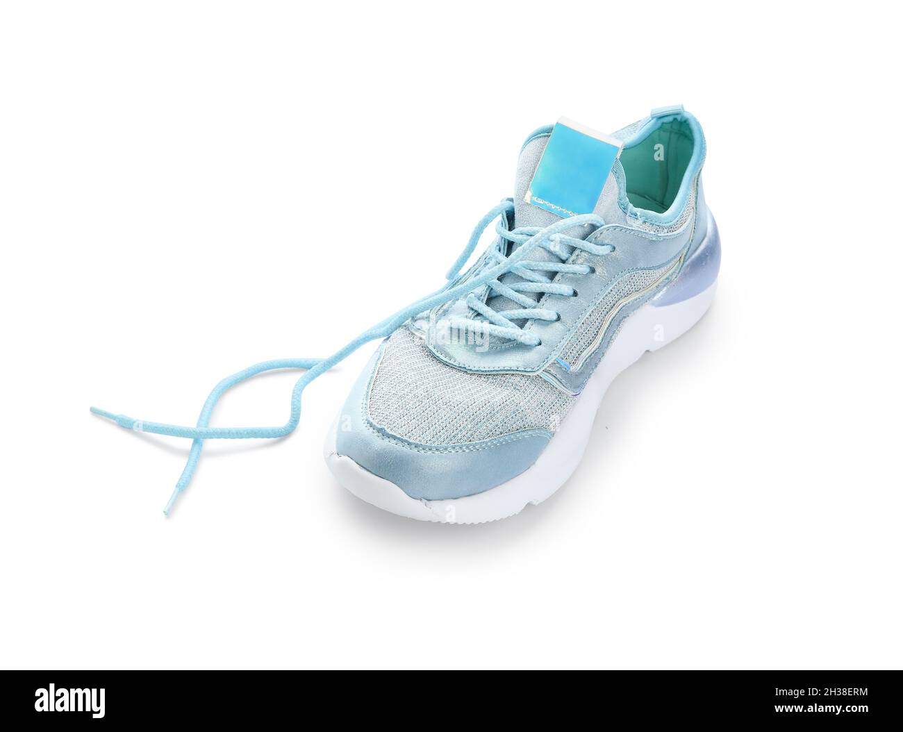 Blue sportive shoe with untied lace on white background Stock Photo - Alamy