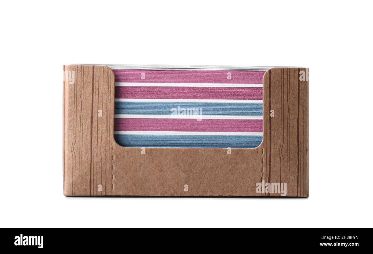 Box with sticky notes on white background Stock Photo - Alamy