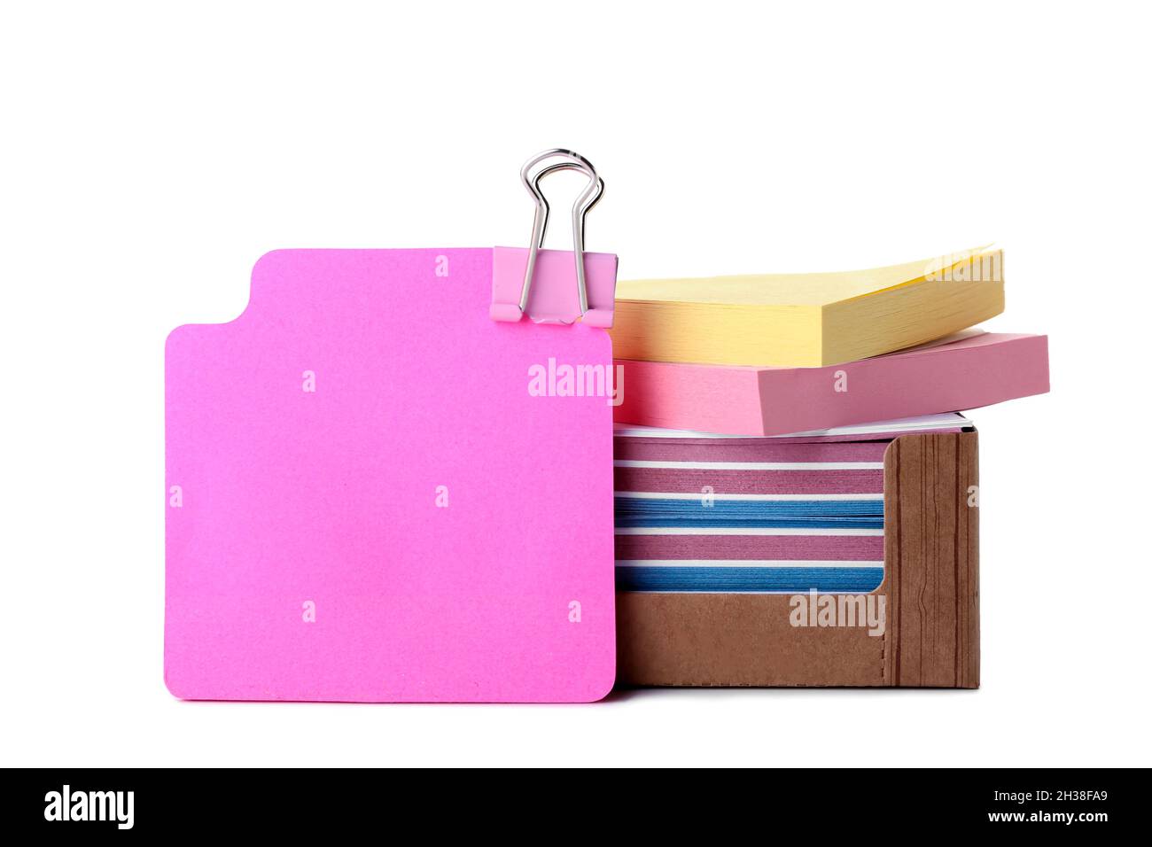 Box with sticky notes on white background Stock Photo - Alamy