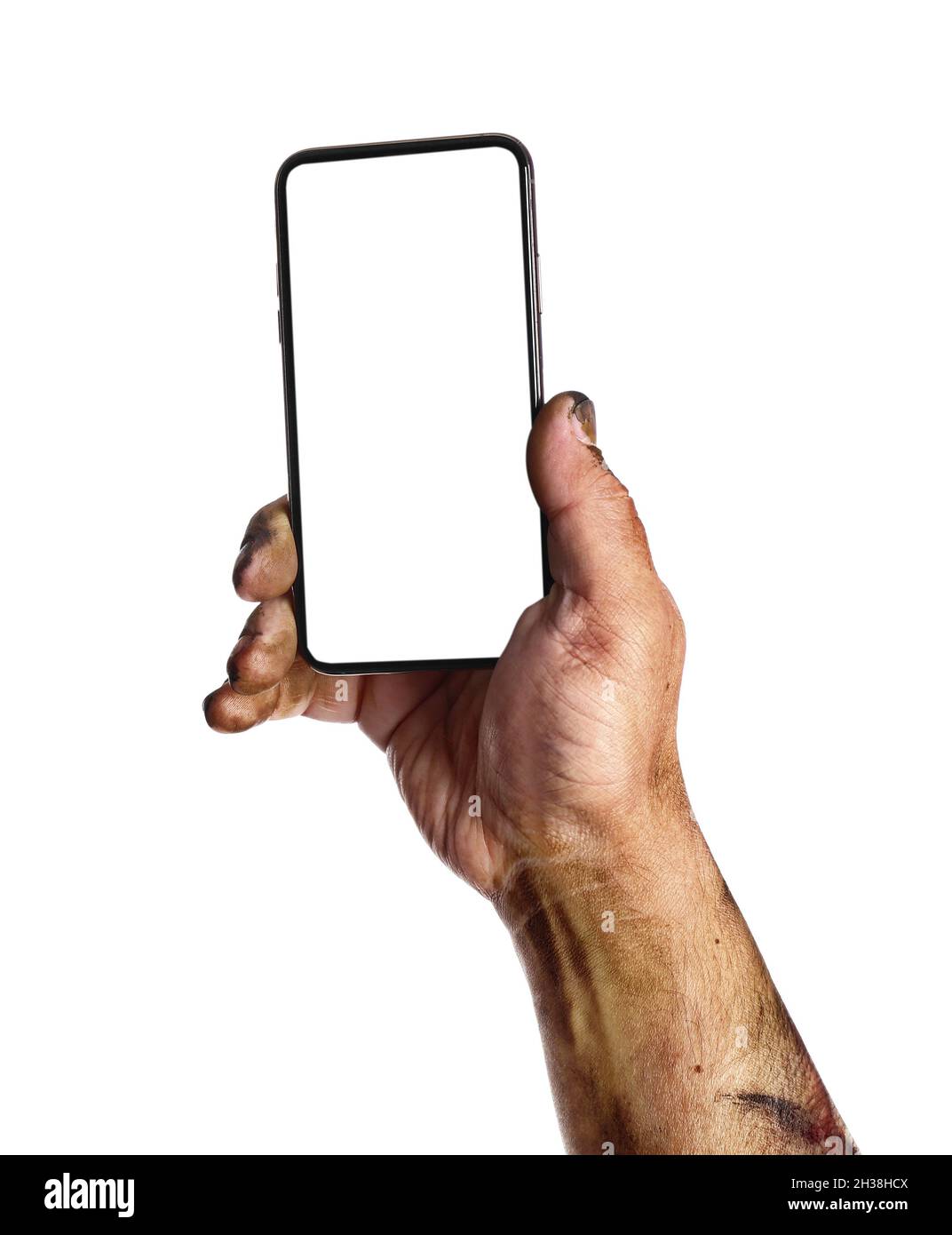 Hand of zombie with mobile phone on white background Stock Photo - Alamy