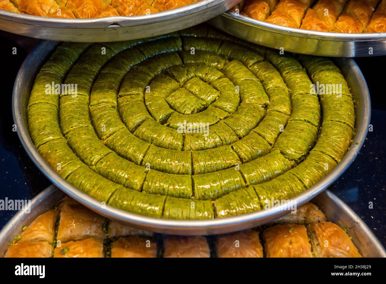 Pistachio Wrap Baklava (Turkish: Fistikli Sarma Baklava) on tray ...