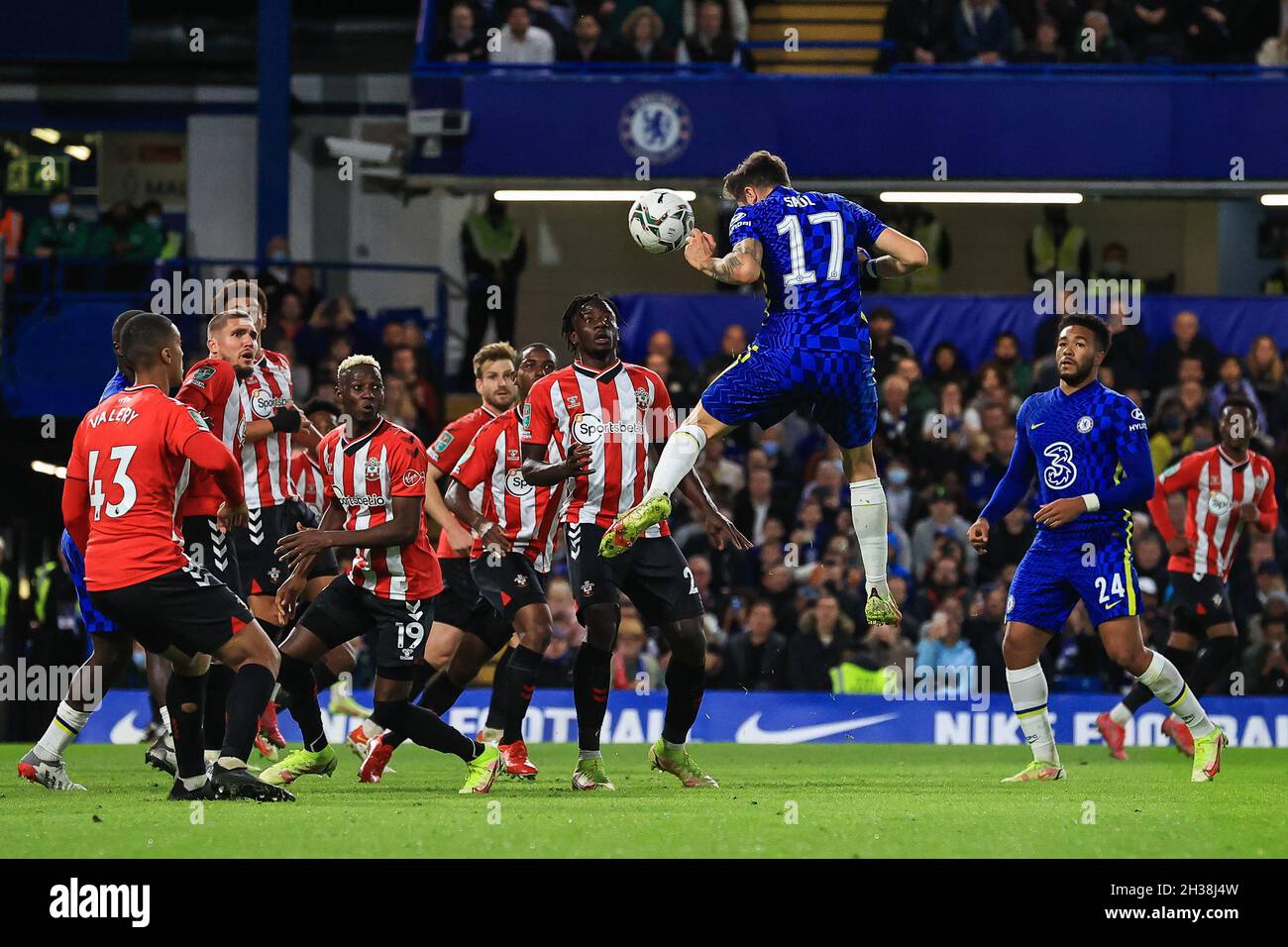 Saul Ñiguez #17 of Chelsea heads on goal but is saved by Fraser Forster ...