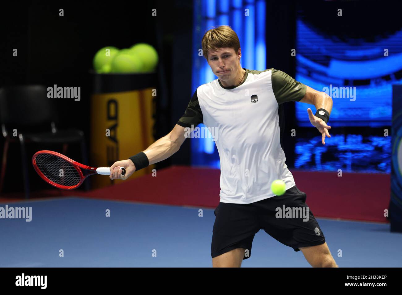 Ilya Ivashka of Belarus in action during the 2021 St. Petersburg Open ...