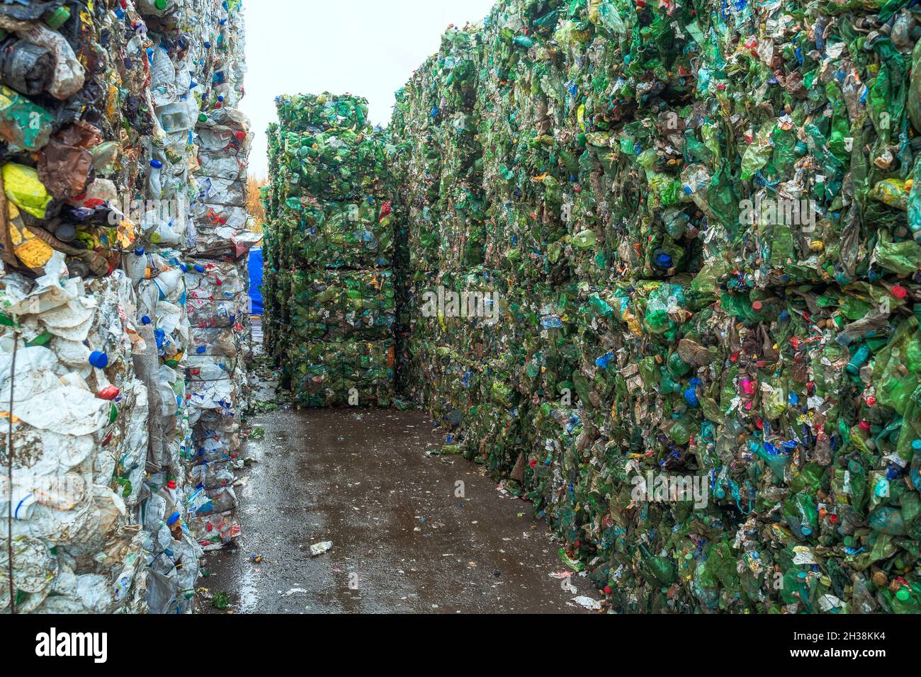 Bundle of pressed plastic bottles prepared for a garbage recycling on ...
