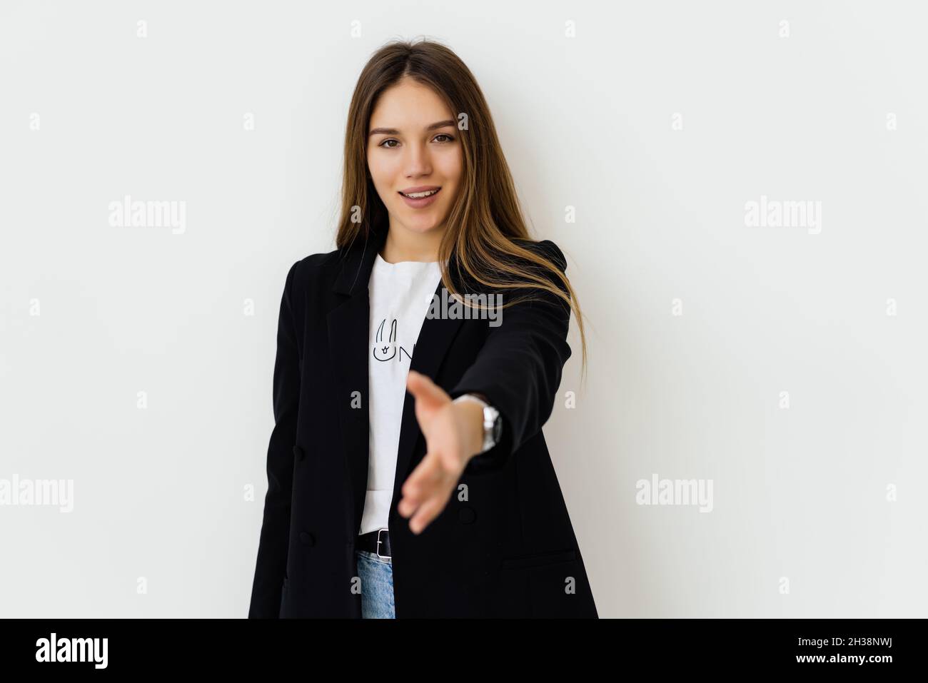 young woman offering handshake, isolated on white background Stock ...