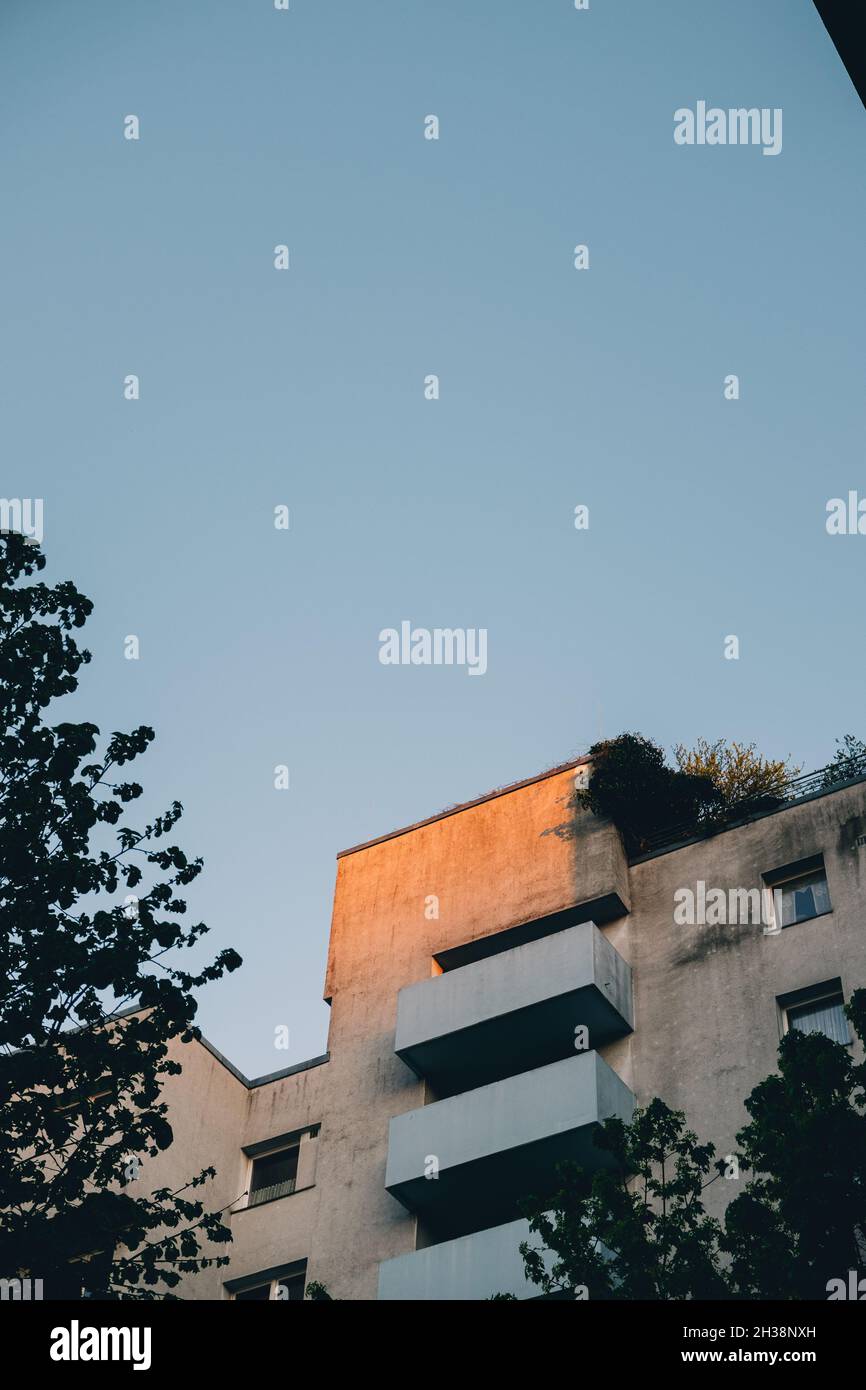 Vertical low angle shot of a high rise building with trees in the ...