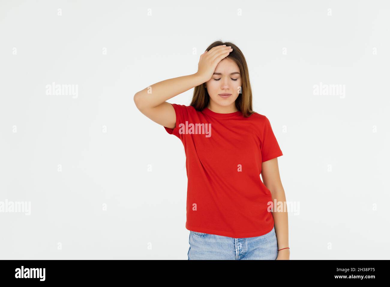 beautiful woman trying to remember something with face expression on ...