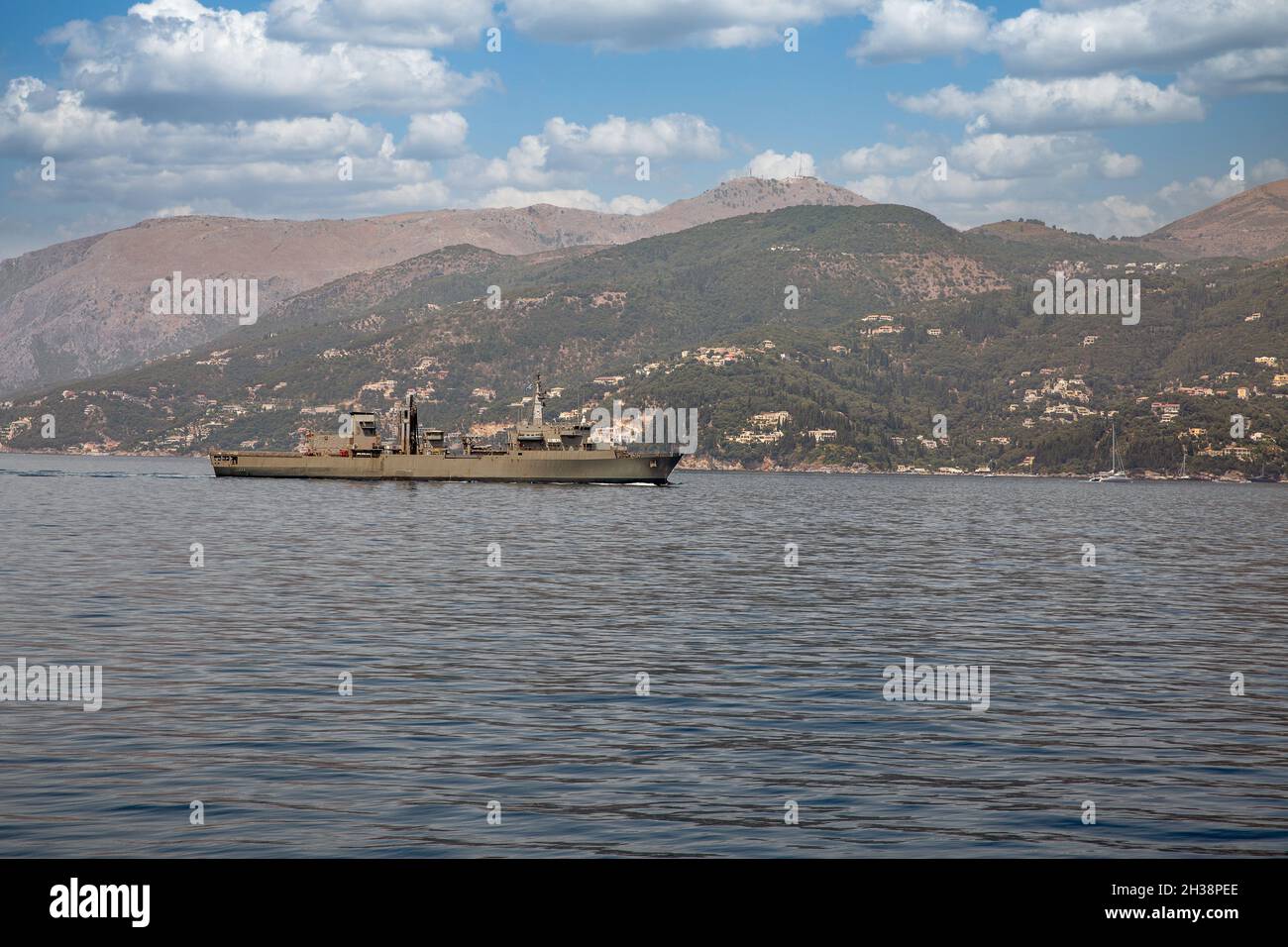 NATO military logistic support vessel off the coast of Corfu island ...